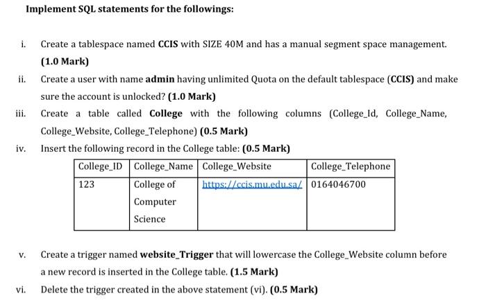 Solved Implement SQL statements for the followings: i. | Chegg.com