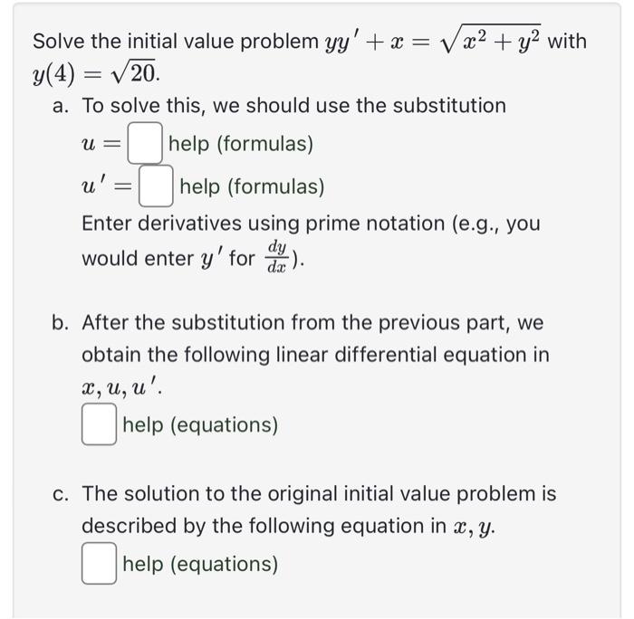 Solved Solve the initial value problem yy′+x=x2+y2 with | Chegg.com