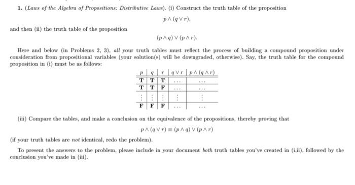 Solved 1. (Laws of the Algebra of Propositions: Distributive | Chegg.com