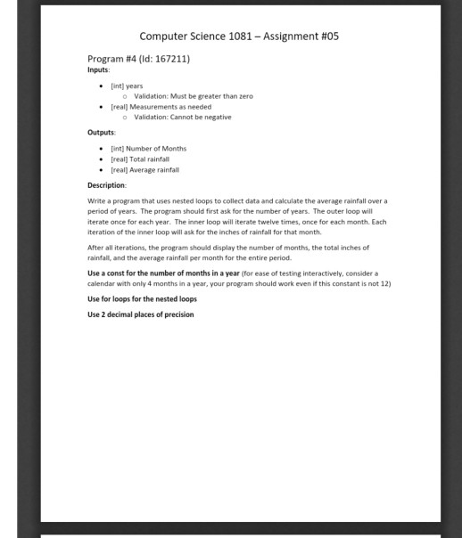 Solved Computer Science 1081 - Assignment #05 Program #4 | Chegg.com