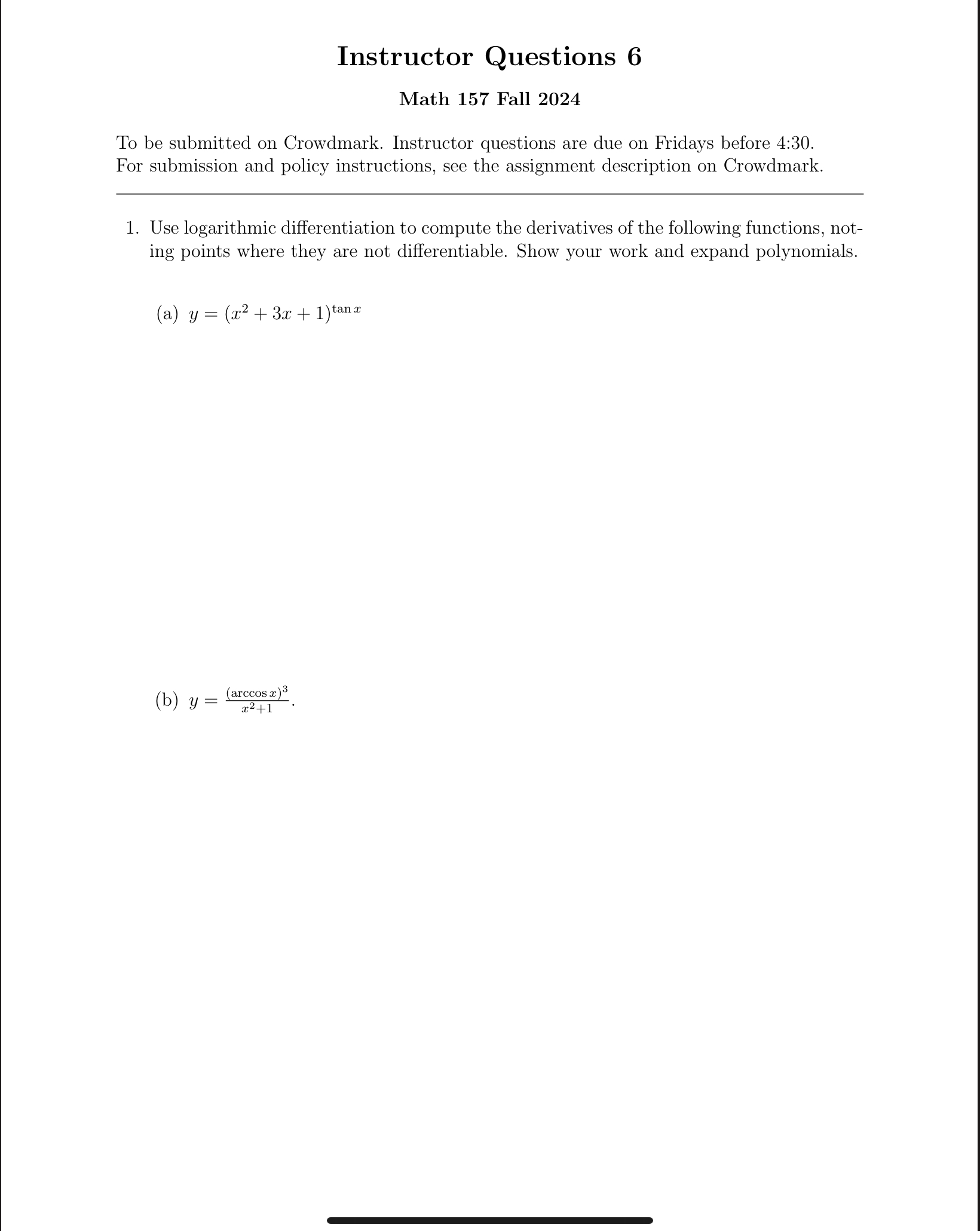 Solved Instructor Questions 6Math 157 ﻿Fall 2024To be | Chegg.com