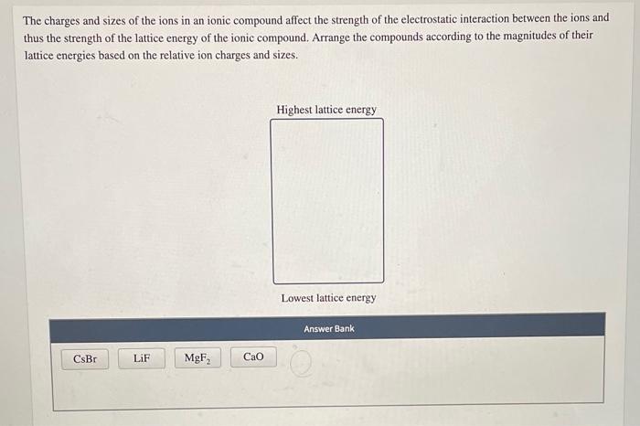Solved The charges and sizes of the ions in an ionic | Chegg.com