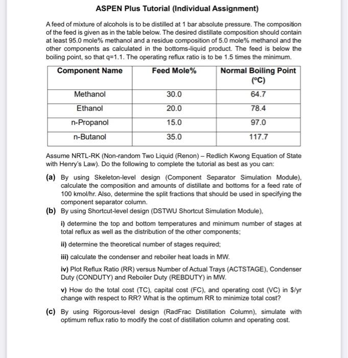 ASPEN Plus Tutorial (Individual Assignment) A feed of | Chegg.com