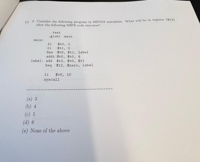 Solved 2. Consider the following program in MIPS32 | Chegg.com