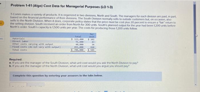 Solved Problem 1-41 (Algo) Cost Data for Managerial Purposes | Chegg.com