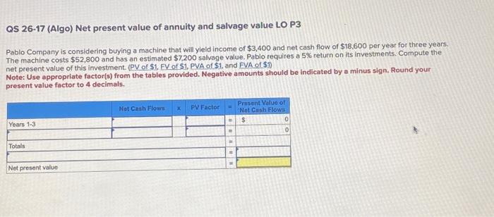 Solved QS 26-17 (Algo) Net present value of annuity and | Chegg.com