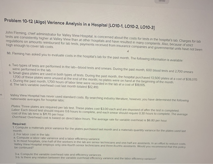 Solved sove Problem 10-12 (Algo) Variance Analysis in a | Chegg.com