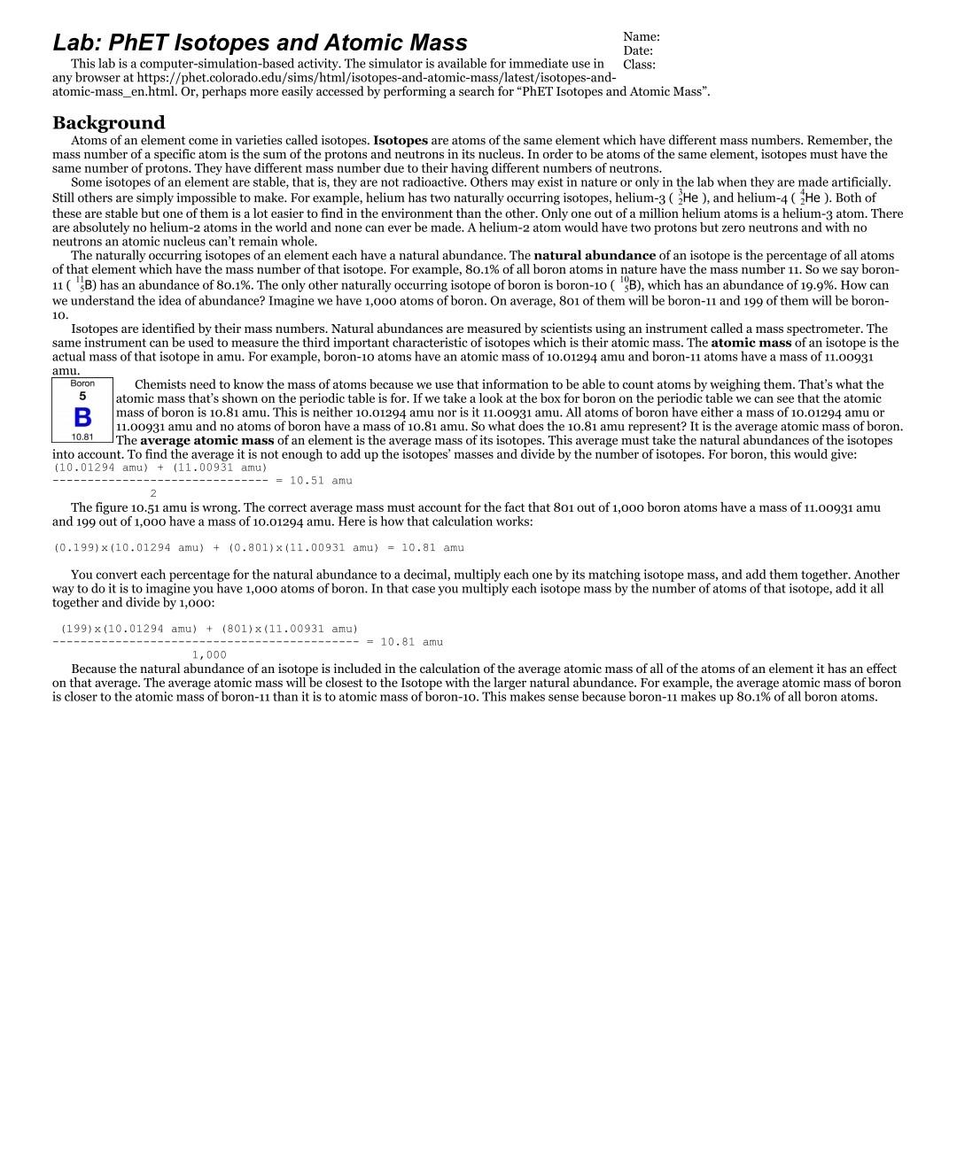 Name: Lab: PhET Isotopes and Atomic Mass Date: This | Chegg.com
