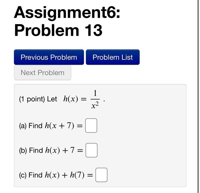 Solved Assignment: Problem 11 Problem List Previous Problem | Chegg.com