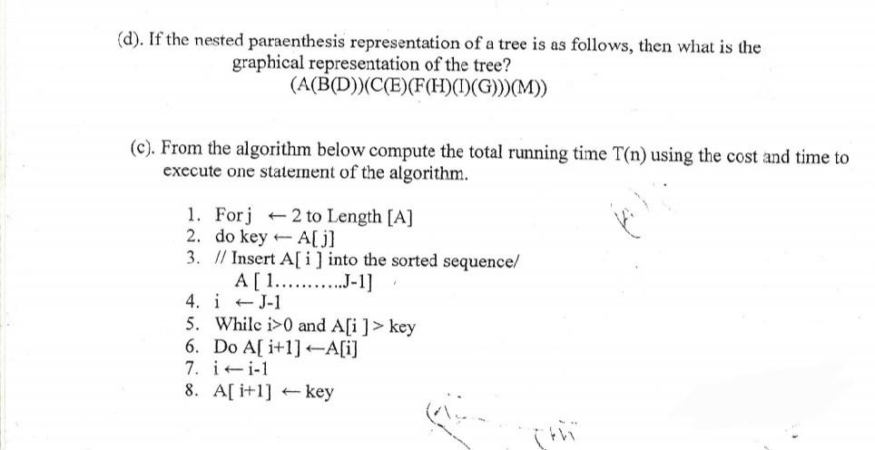 Solved (d). If the nested paraenthesis representation of a | Chegg.com