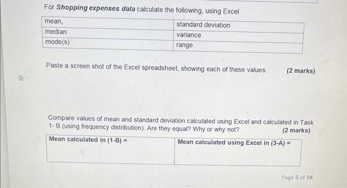 For Shopping expenses data calculate the following, | Chegg.com
