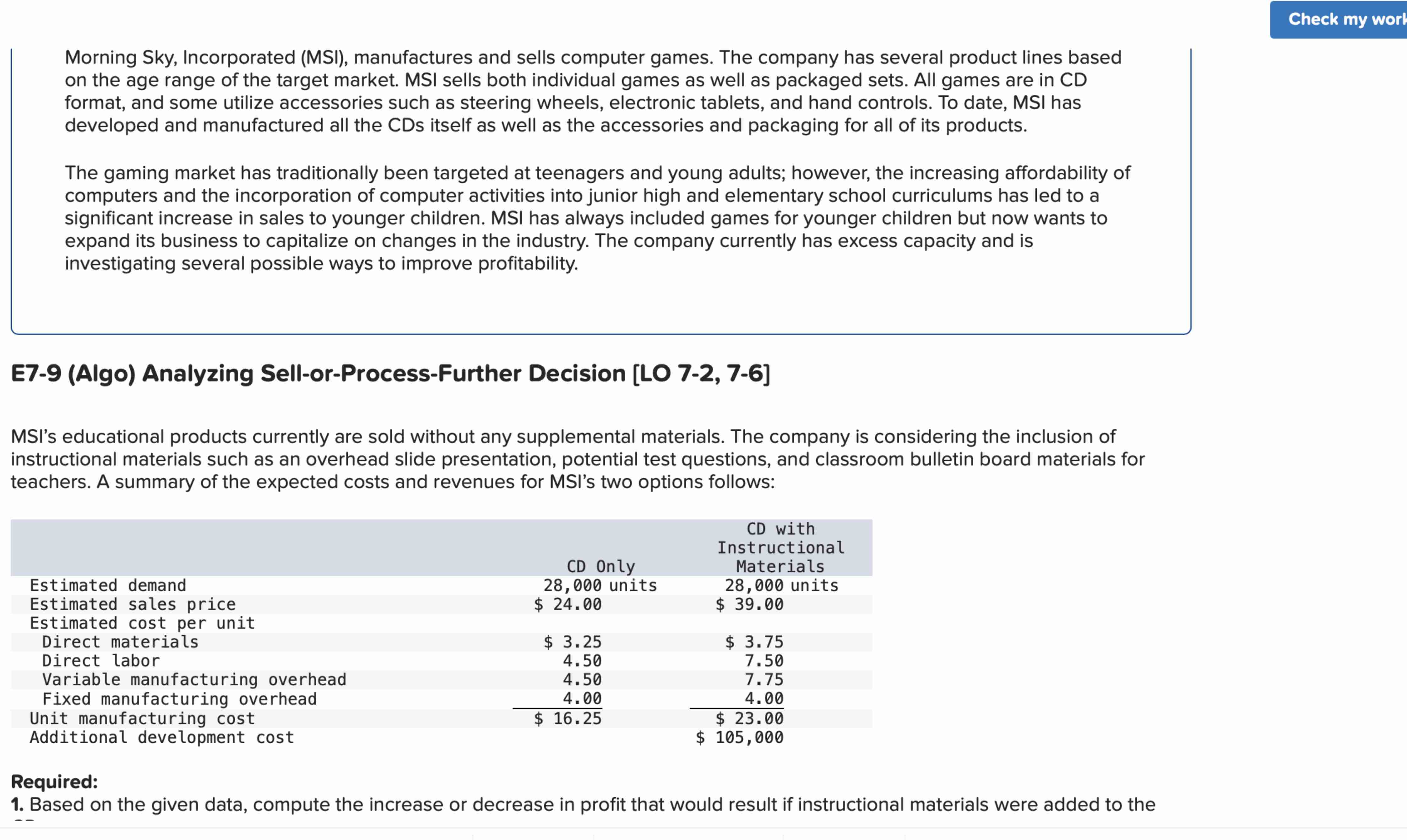 Solved Morning Sky, ﻿Incorporated (MSI), ﻿manufactures and | Chegg.com