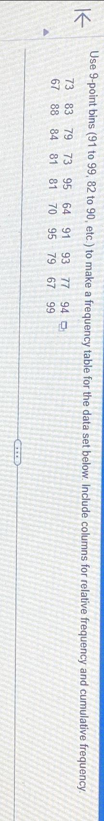 Solved Use 9-point bins ( 91 ﻿to 99,82 ﻿to 90 , ﻿etc.) ﻿to | Chegg.com