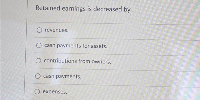 Solved Retained earnings is decreased by O revenues. O cash | Chegg.com