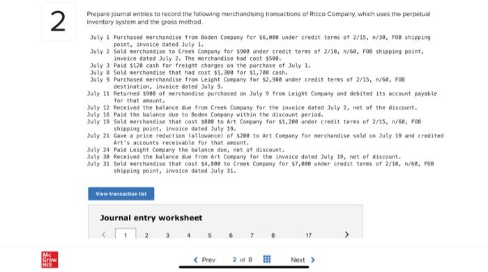 Solved 2 Mc Graw Hill Prepare journal entries to record the | Chegg.com
