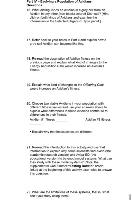 Part IV - Evolving a Population of Avidians Questions | Chegg.com
