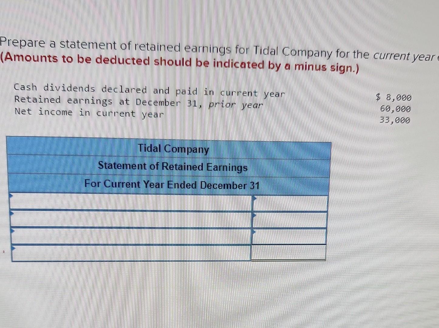 Solved Prepare a statement of retained earnings for Tidal | Chegg.com