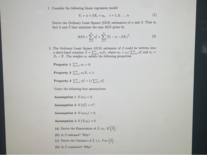 Solved 1. Consider the following linear regression model | Chegg.com
