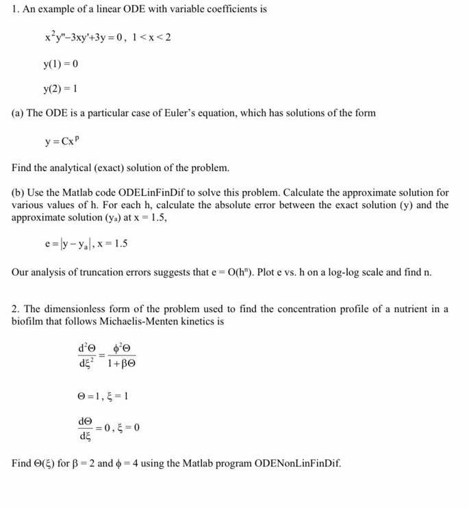 1. An example of a linear ODE with variable | Chegg.com