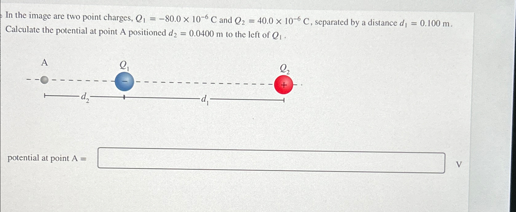 Solved In the image are two point charges, Q1=-80.0×10-6C | Chegg.com