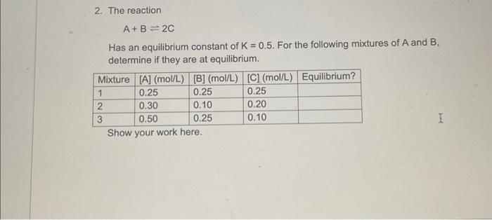 Solved 2. The reaction A+B⇌2C Has an equilibrium constant of | Chegg.com