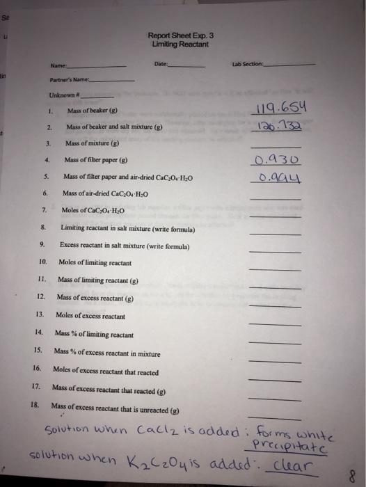 Se Report Sheet Exp 3 Limiting Reactant Name Date 