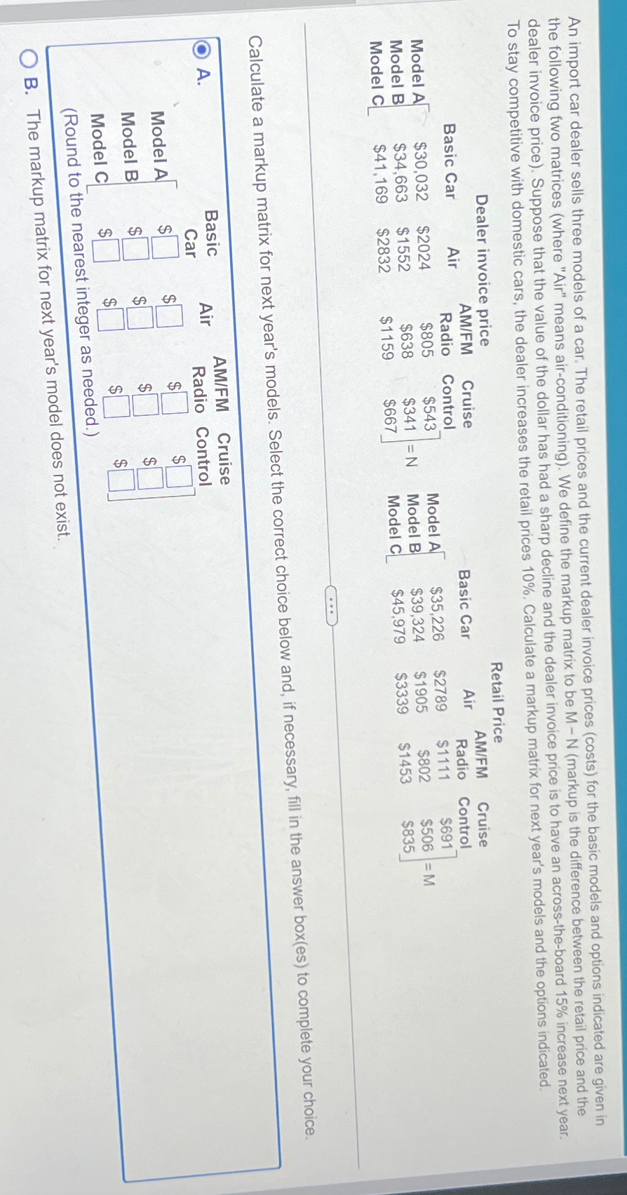 Solved An import car dealer sells three models of a car. The | Chegg.com