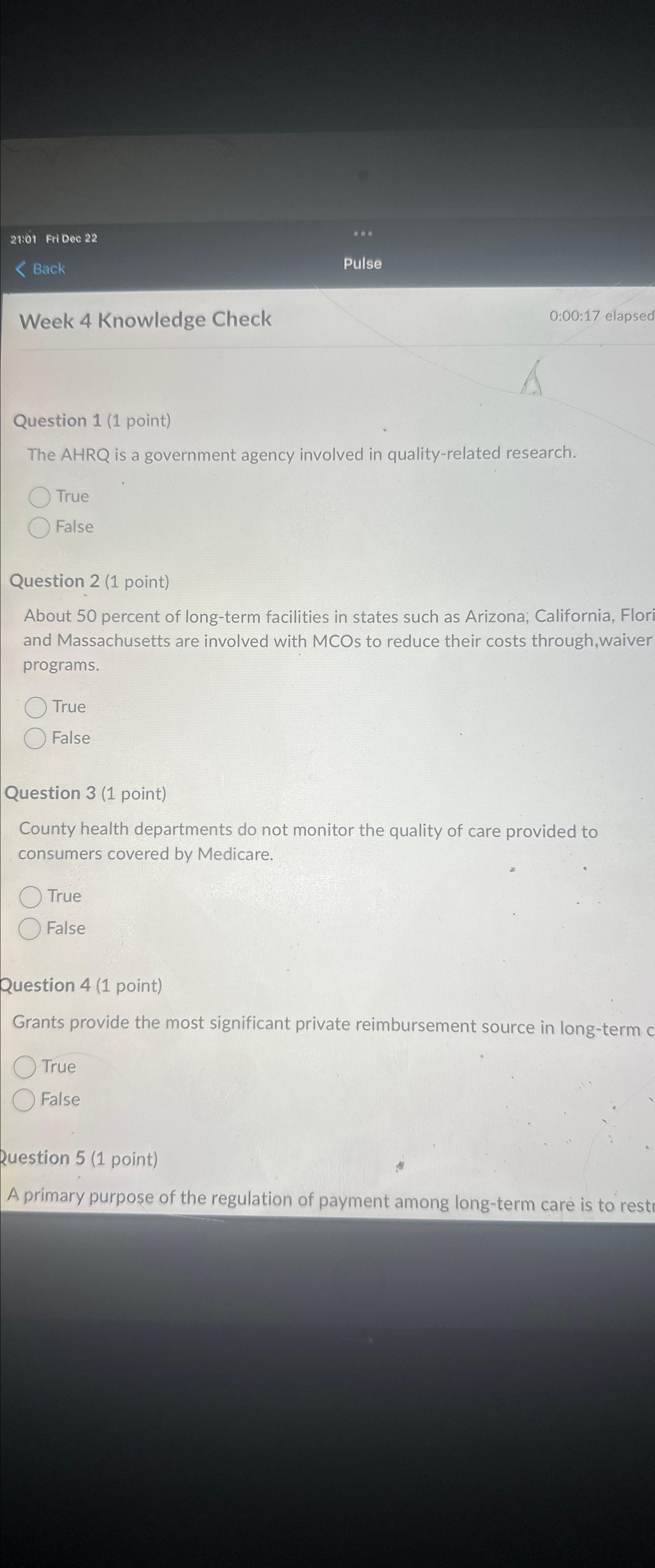 Solved Week 4 ﻿Knowledge Check0:00:17 ﻿elapsedQuestion 1 (1 | Chegg.com