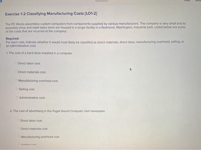 Solved Exercise 1-2 Classifying Manufacturing Costs (L01-2) | Chegg.com