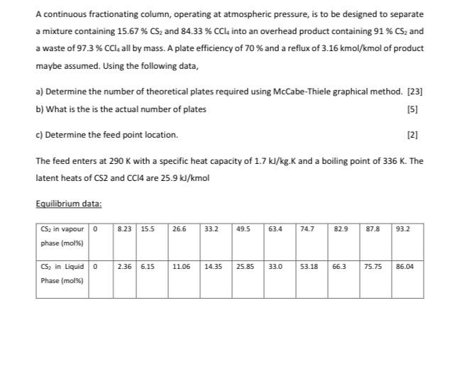 Solved A continuous fractionating column, operating at | Chegg.com