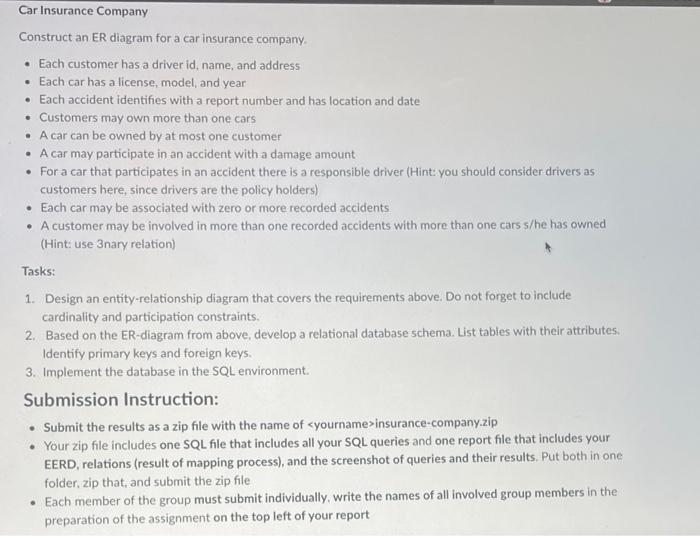 Solved Construct an ER diagram for a car insurance company. | Chegg.com