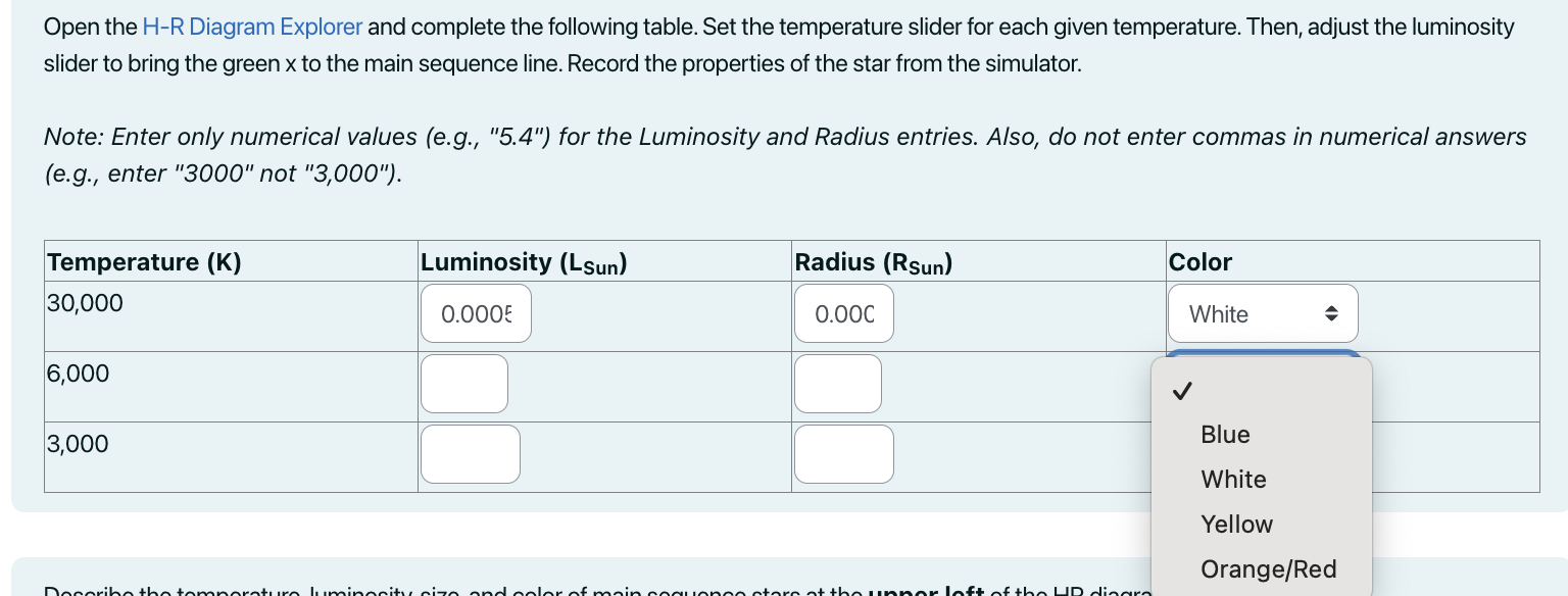 Solved Open the H-R Diagram Explorer and complete the | Chegg.com