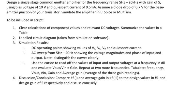 Solved Design a single stage common emitter amplifier for | Chegg.com