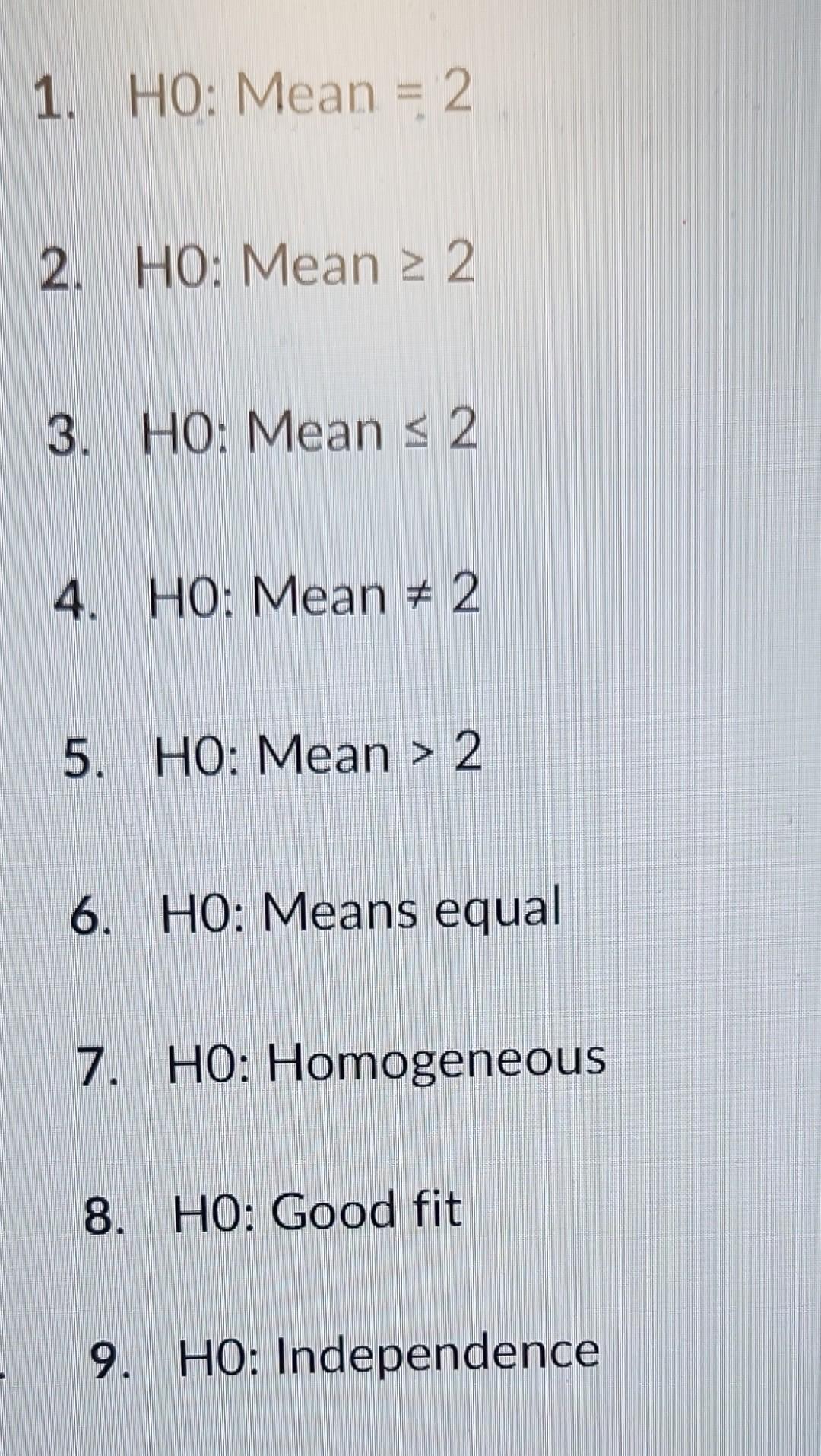 Solved 1. HO: Mean =2 2. HO: Mean ≥2 3. HO: Mean ≤2 4. HO: | Chegg.com