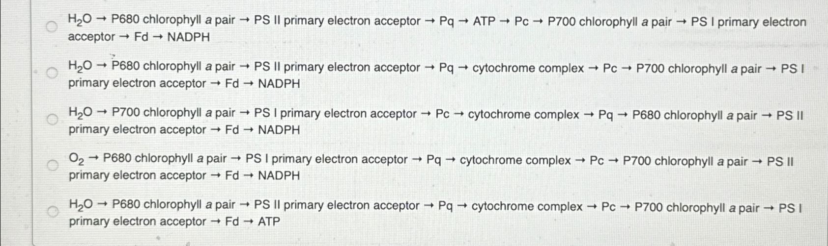 Solved H2O→P680 ﻿chlorophyll a pair →PS ﻿II primary electron | Chegg.com