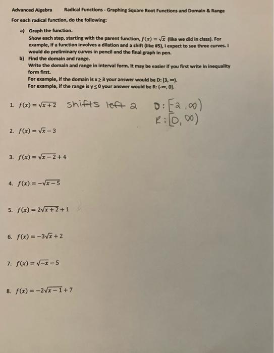 Solved a Advanced Algebra Radical Functions - Graphing | Chegg.com