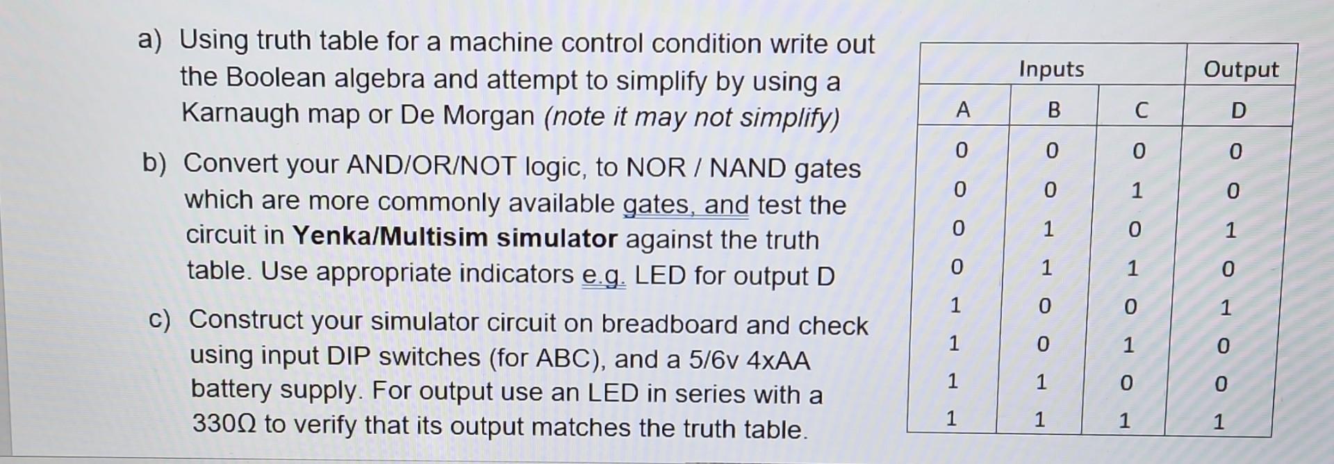 Solved a) Using truth table for a machine control condition | Chegg.com