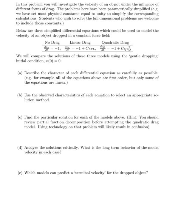 Solved In this problem you will investigate the velocity of | Chegg.com