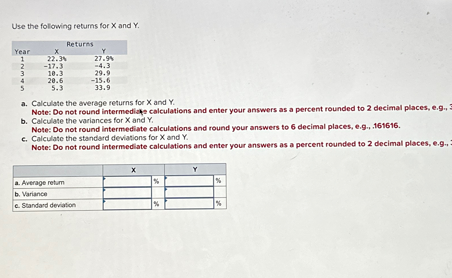 Solved Use the following returns for x ﻿and | Chegg.com
