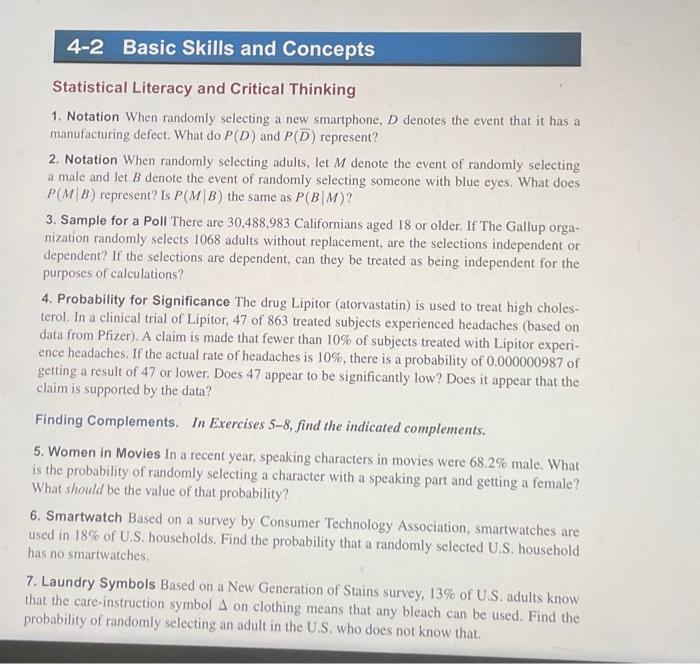 Solved 4-2 Basic Skills and Concepts Statistical Literacy | Chegg.com