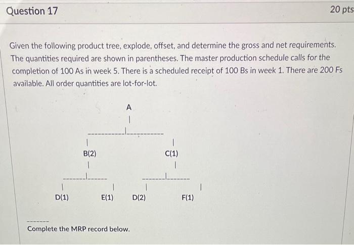 Solved Given the following product tree, explode, offset, | Chegg.com