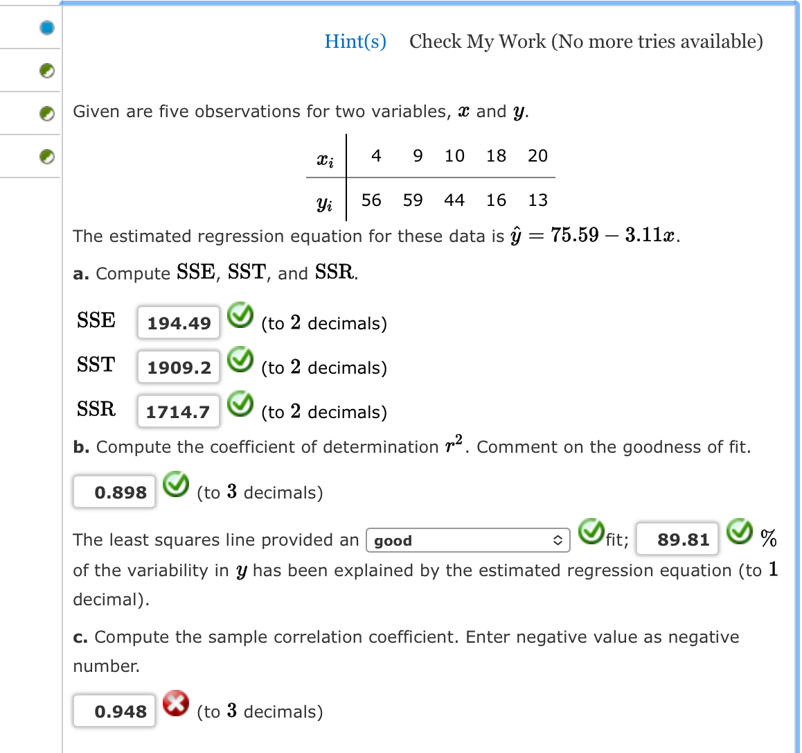 Solved Hint(s) ﻿Check My Work (No more tries available)Given | Chegg.com