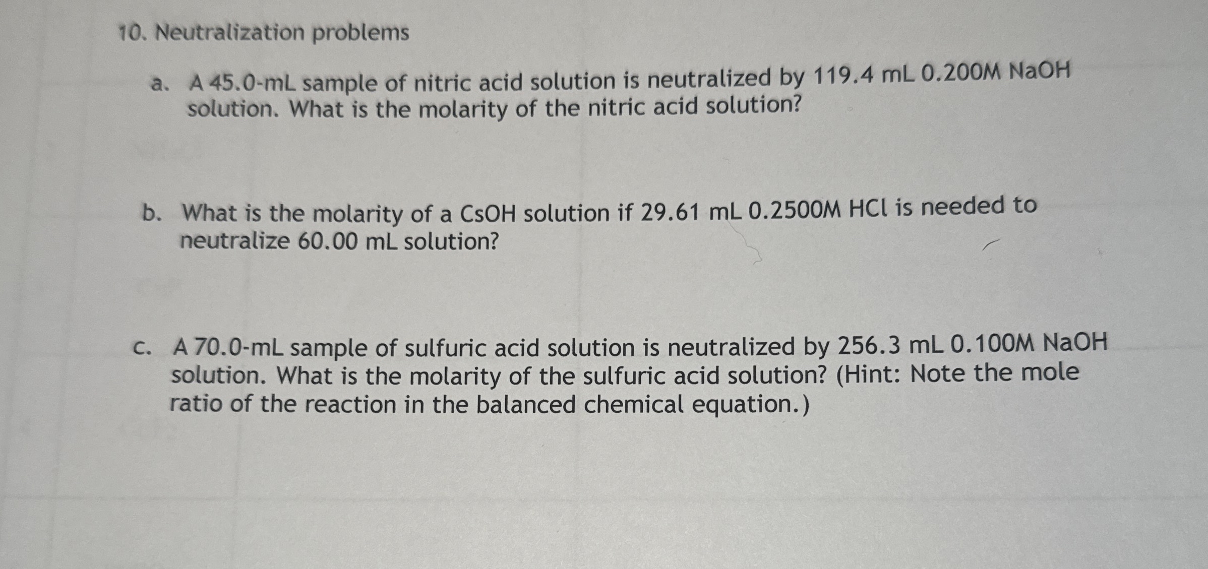 Solved Neutralization problemsa. ﻿A 45.0-mL ﻿sample of | Chegg.com