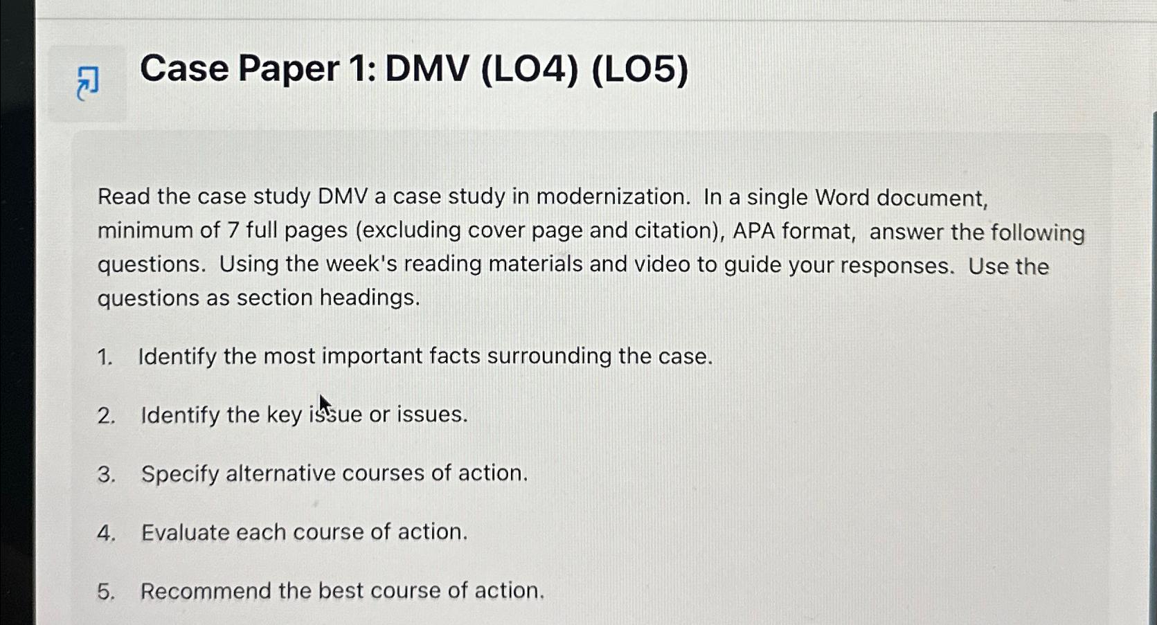 Solved Case Paper 1: DMV (LO4) (LO5)Read the case study DMV | Chegg.com