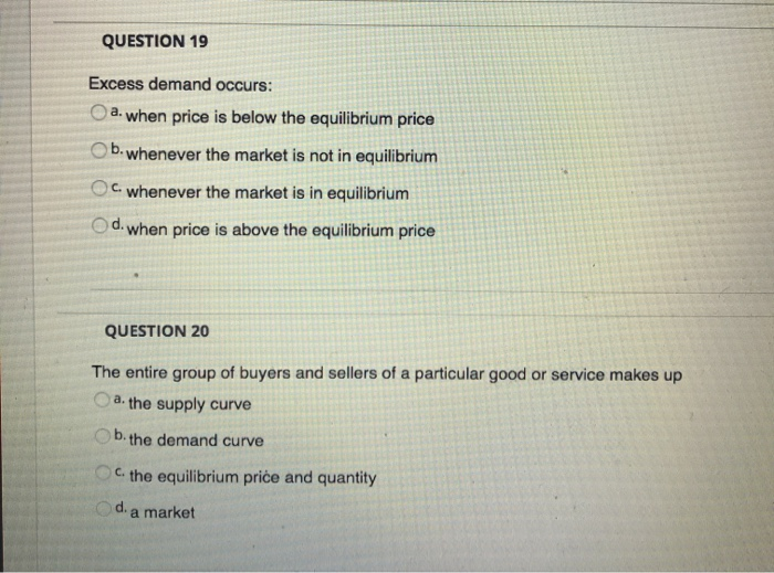 Solved QUESTION 19 Excess demand occurs: a. when price is | Chegg.com
