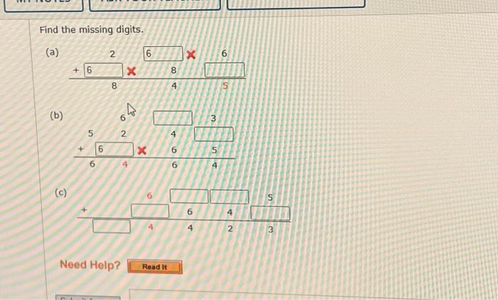 Find the missing digits. (a) (b) (c) + 6 X 5 9 6 2 8 | Chegg.com