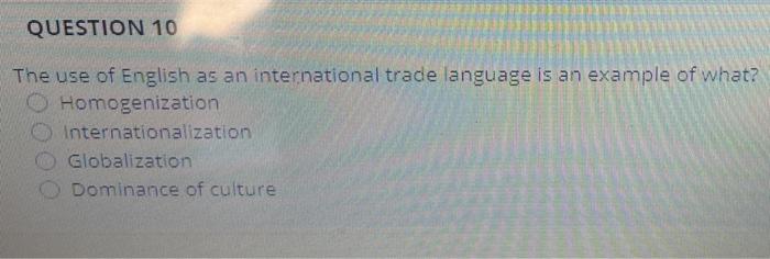 Solved QUESTION 10 The use of English as an international | Chegg.com