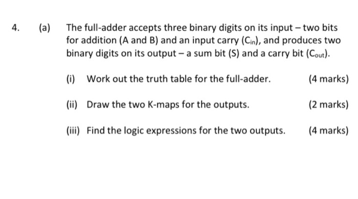 Solved The full-adder accepts three binary digits on its | Chegg.com