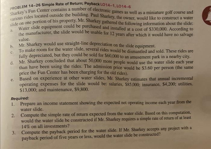 Solved PROBLEM 14-26 Simple Rate of Return; PaybackLO14-1, | Chegg.com