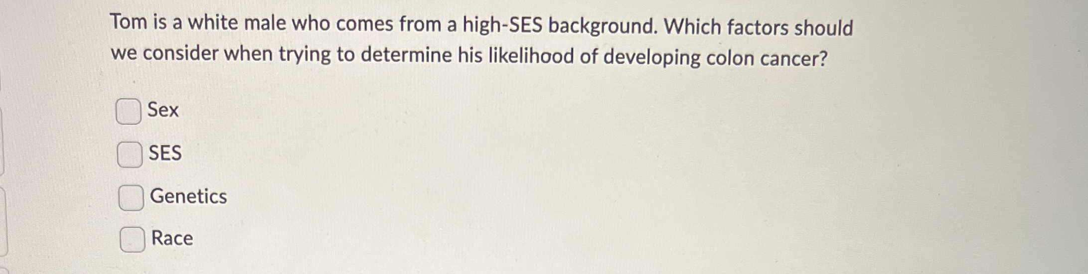 Solved Tom is a white male who comes from a high-SES | Chegg.com